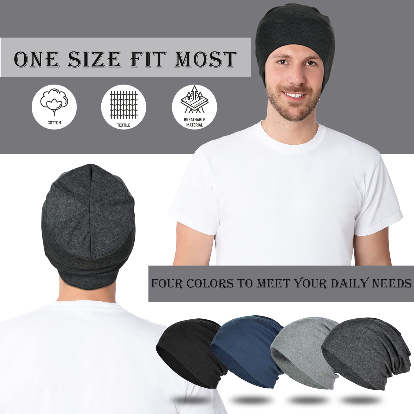 GERTURY 4 Pieces Thick Soft Cotton Slouchy Beanie, Workout Beanie Hats Baggy Skull Cap Stretchy Chemo Hats for Men Women