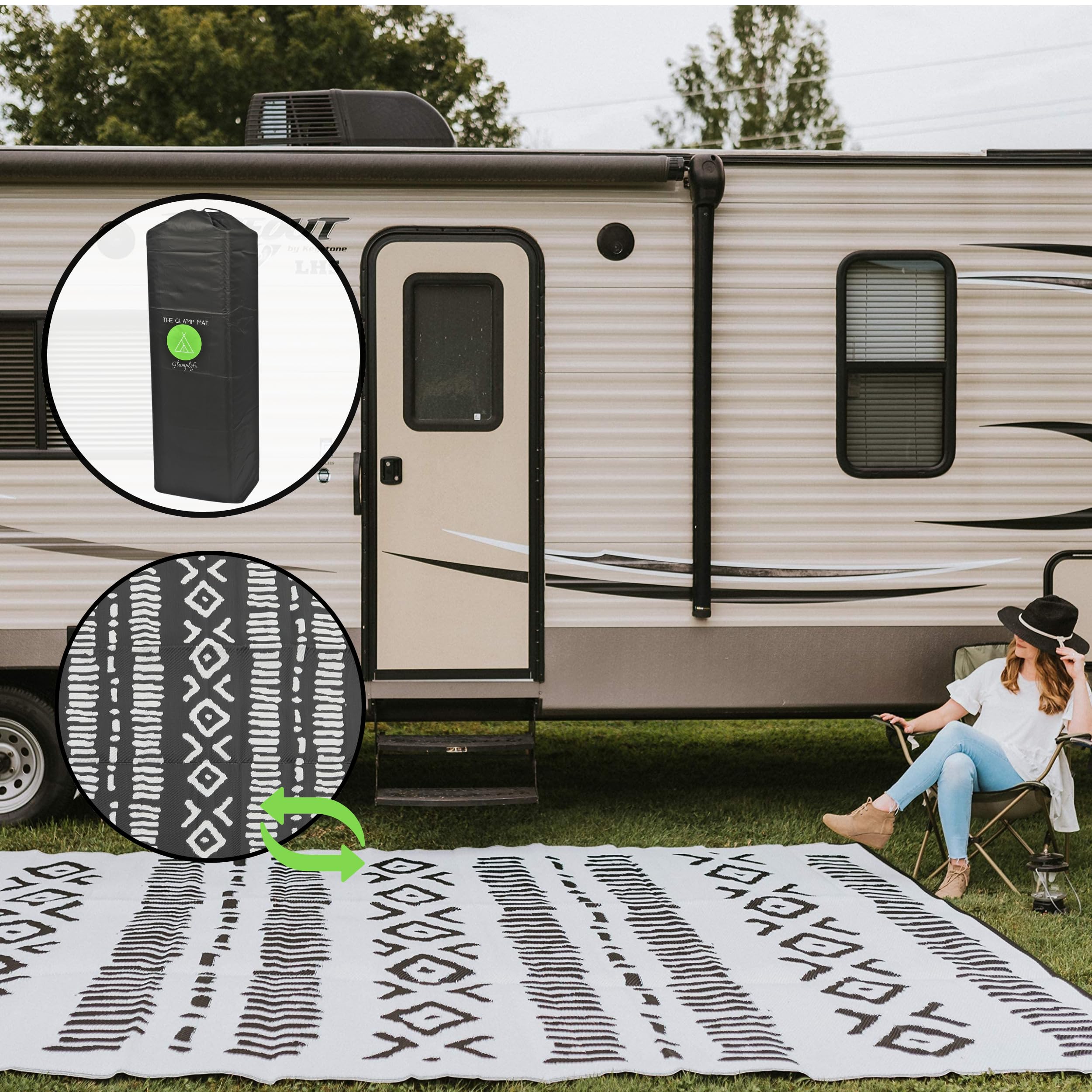 Glamplife Recycled Plastic Rug, 9x12 Rv mat, Black and White Camping Rugs for Outside Your RV, Large Indoor Outdoor Rugs for Awnings, Patio Rug, Outdoor Carpet Waterproof