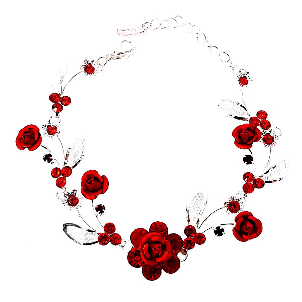 Faceted Metal Rose & Crystal Rhinestone Mesh Leaf Bracelet Bridal Prom (Red)