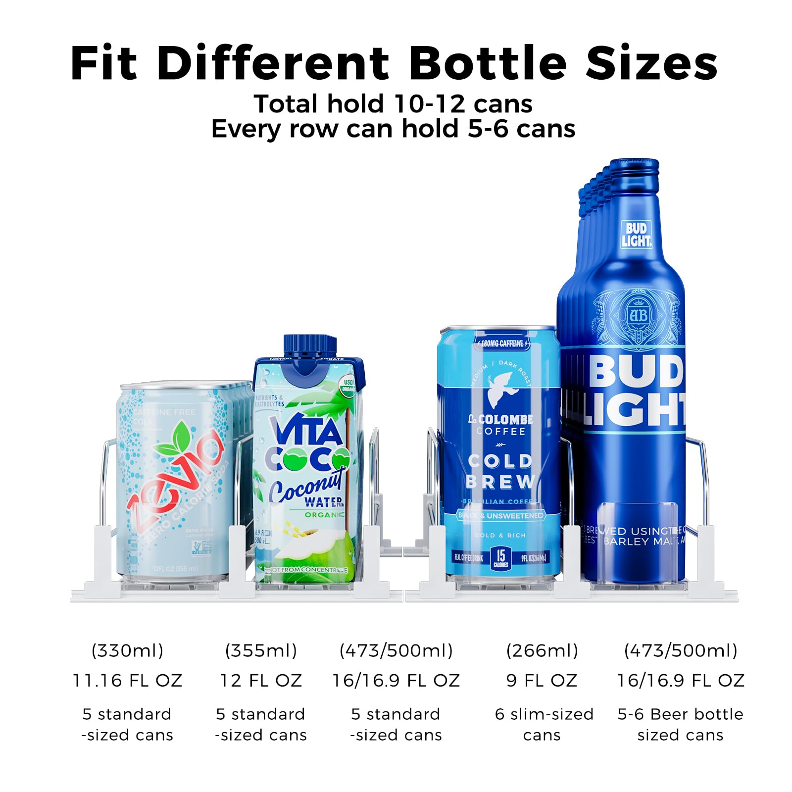Puricon Drink Organizer for Fridge Pusher Glide, Spring Loaded Fridge Drink Dispenser, Self Pushing Soda Can Organizer for Refrigerator, Beer Bottle Beverage Organizer Drink Holder -2 Rows, White