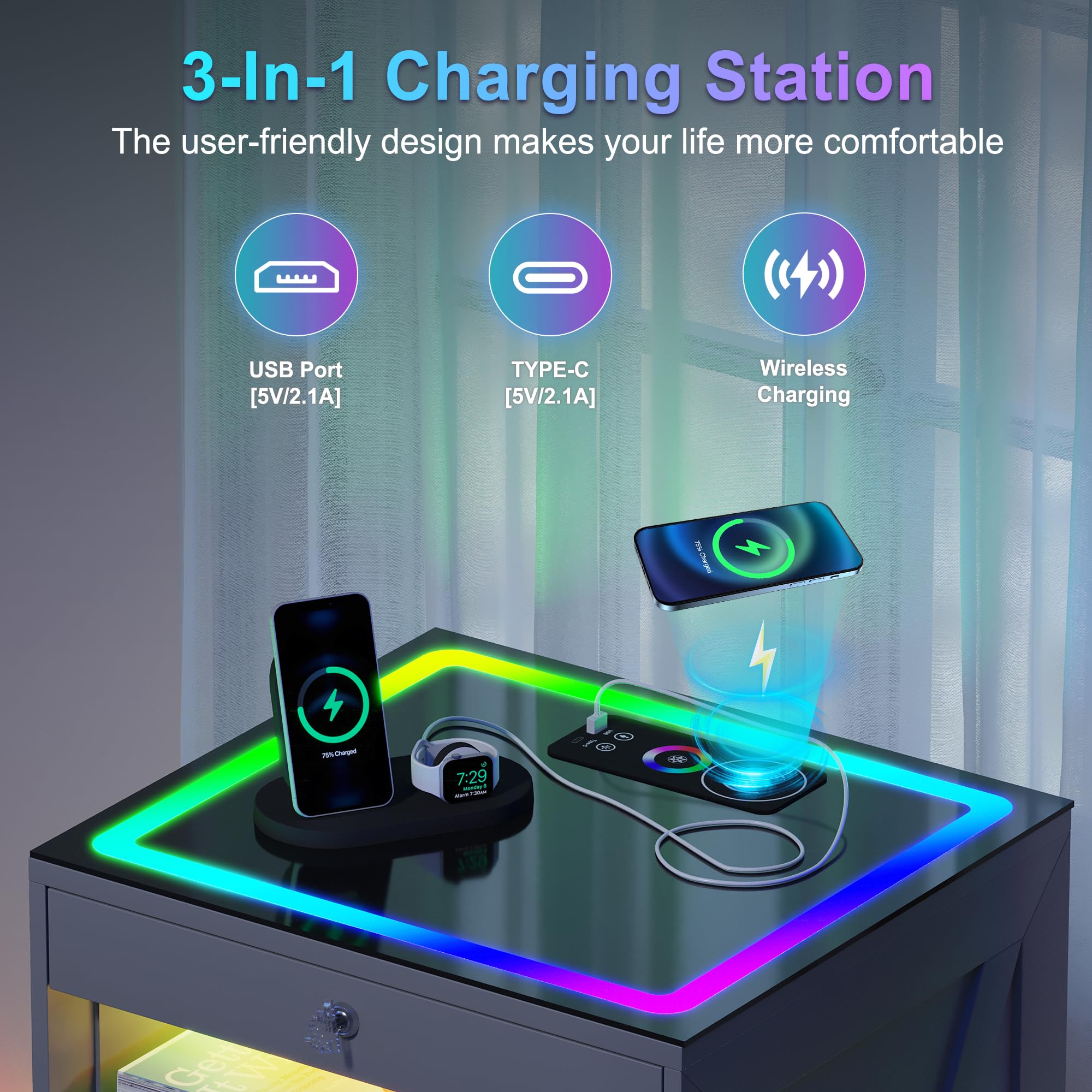 Lvifur RGB Nightstand with Gun Drawer, Glass Top Bedside Table with Wireless Charger Station, LED Night Stand with Human Sensor Design, Modern End Table for Bedroom Living Room (White)