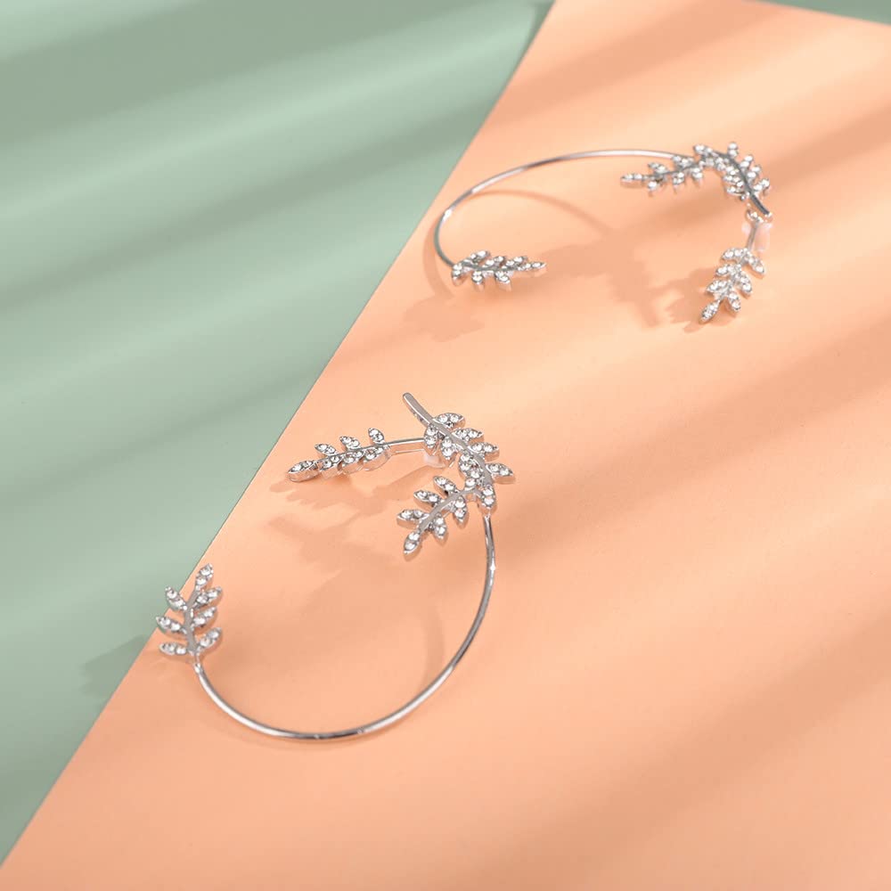 Jumwrit Rhinestone Ear Cuffs Leaf Ear Jacket Climber Crawler Earrings Ear Wrap Earrings Cute Hypoallergenic Stud Earrings for Women Girls(Silver)