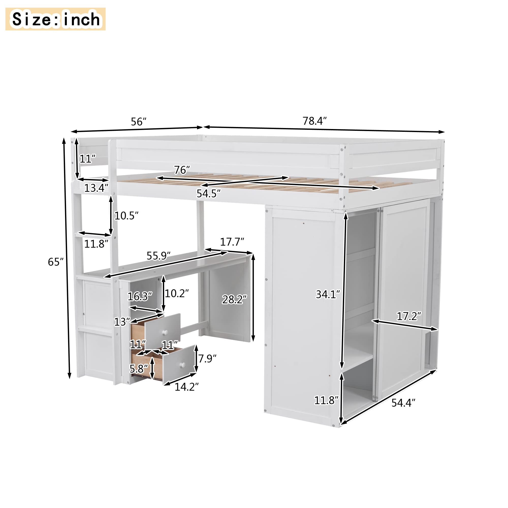 Harper & Bright Designs Full Size Loft Bed with Wardrobes and Desk, Solid Wood Loft Bed Frame with 2 Storage Drawers Cabinet, for Kids Teens Adults (White)
