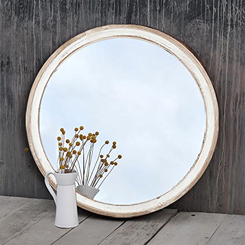 Reflinto Rustic Round Mirror 24", Hanging Wall Decorative Mirror Distressed Natural Wooden Farmhouse Frame with White Wash Edge for Bedroom, Bathroom, Living Room or Entryway