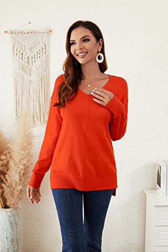MicroStar Women's Spring Casual Lightweight V Neck Batwing Long Sleeve Knit Top Loose Pullover Sweater Orange
