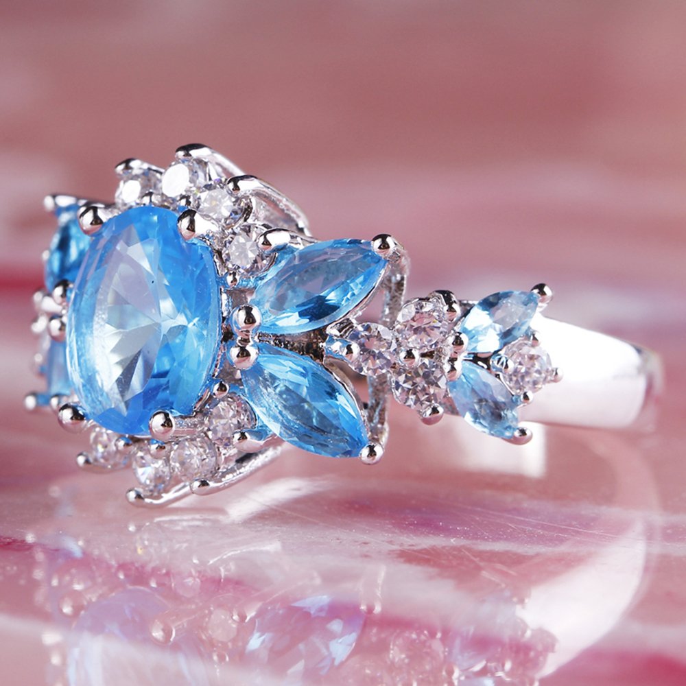 Emsione 925 Sterling Silver Plated Created Blue Topaz Cluster Flower Cocktail Women Band Ring Size 7