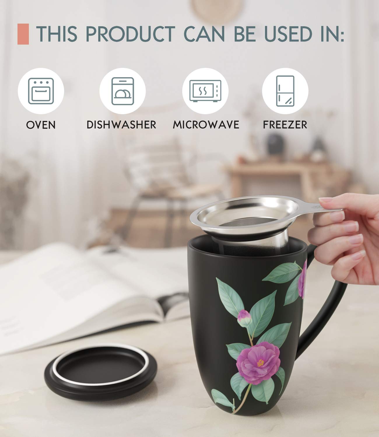 immaculife Tea Cup with Infuser and Lid Ceramic Tea Mug with Lid Teaware with Filter 16oz, Black Floral Print