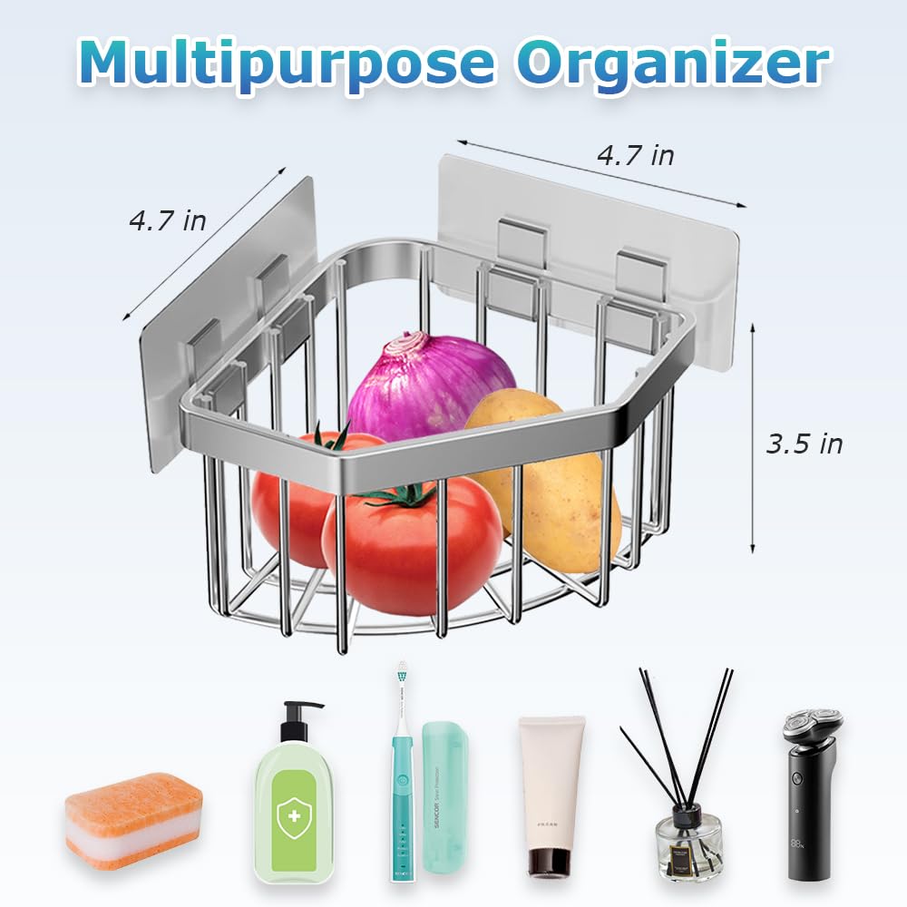 Sink Sponge Holder Corner Sink Caddy Sink Organizer for Kitchen Bathroom Save Space Triangle Soap Holder Stainless Steel Shower Caddy No Drilling Sponge Caddy with 2 Pcs Adhesive Hook