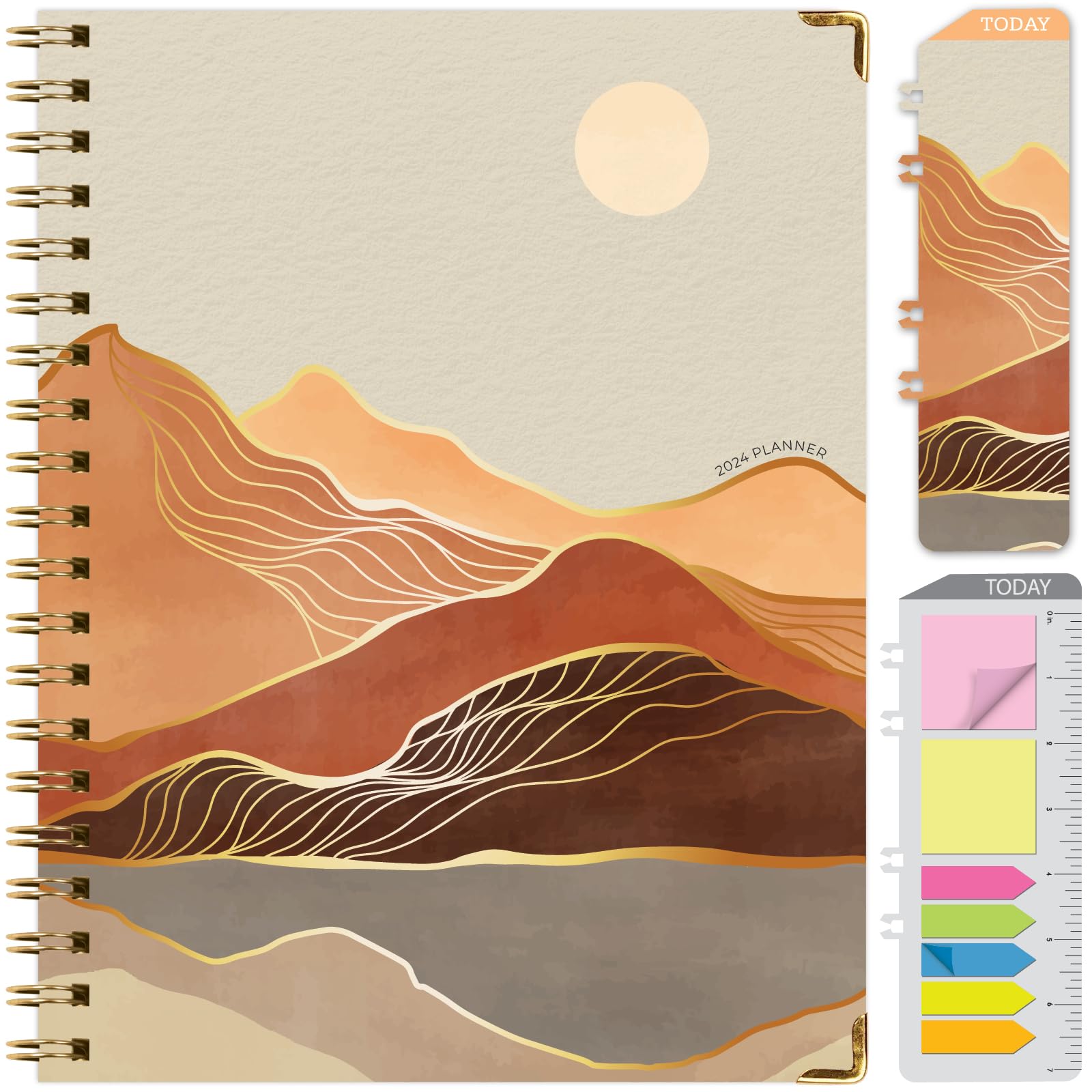 Global Printed Products, HARDCOVER 2024 Planner: (November 2023 Through December 2024) 8.5"x11" Daily Weekly Monthly Planner Yearly Agenda Bookmark, Pocket Folder & Sticky Note Set (Golden Desert)