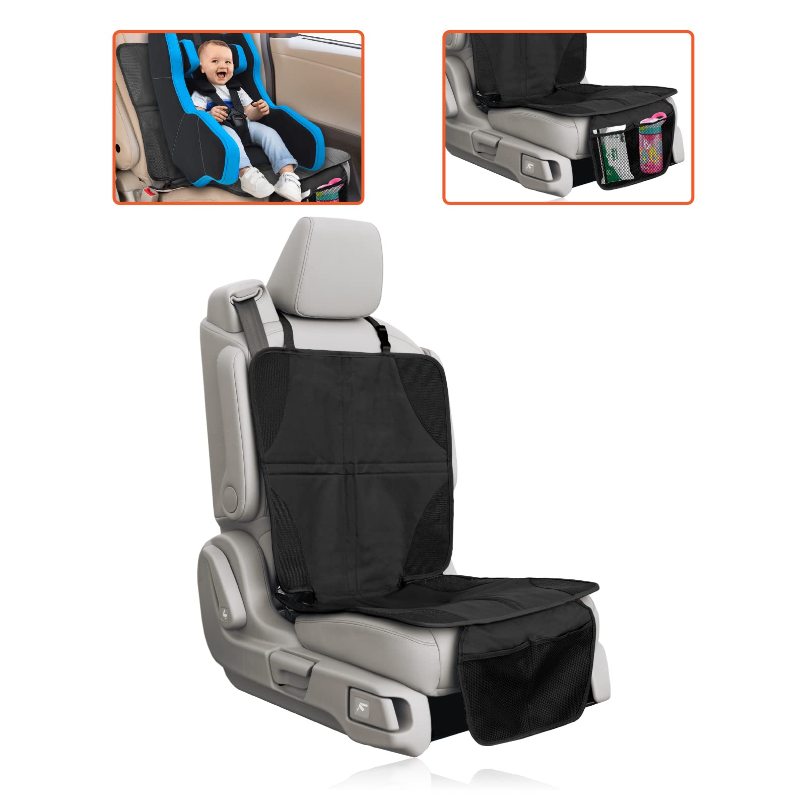 Trobo Car Seat Protector for Child Carseat, Luxury Non-Slip Large Thick Padding Waterproof Baby Car Seat Mat Pad Cover with 2 Mesh Organizer Storage Pockets to Protect Leather and Upholstery, Black