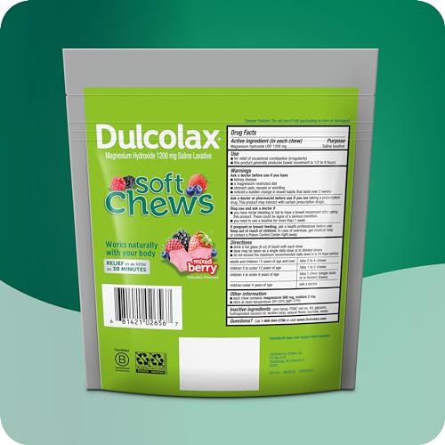 Dulcolax Soft Chews Saline Laxative Gentle Constipation Relief, Magnesium Hydroxide 1200mg, 60 Count, Black Cherry Flavor