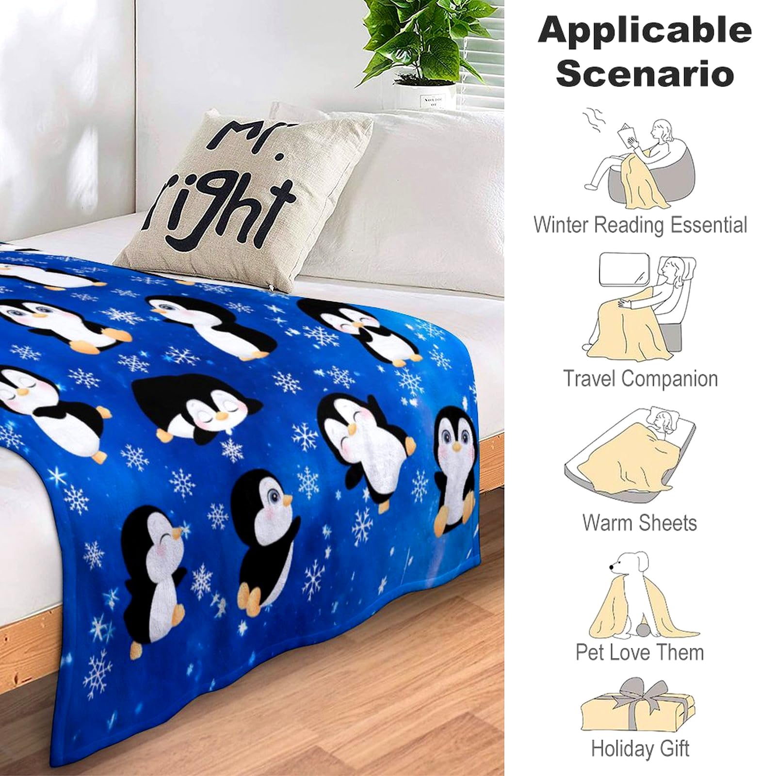 Penguin Blanket Flannel Soft Cute Penguins Throw Blankets Animal Penguin Gifts Decor for Girls 50"x40"