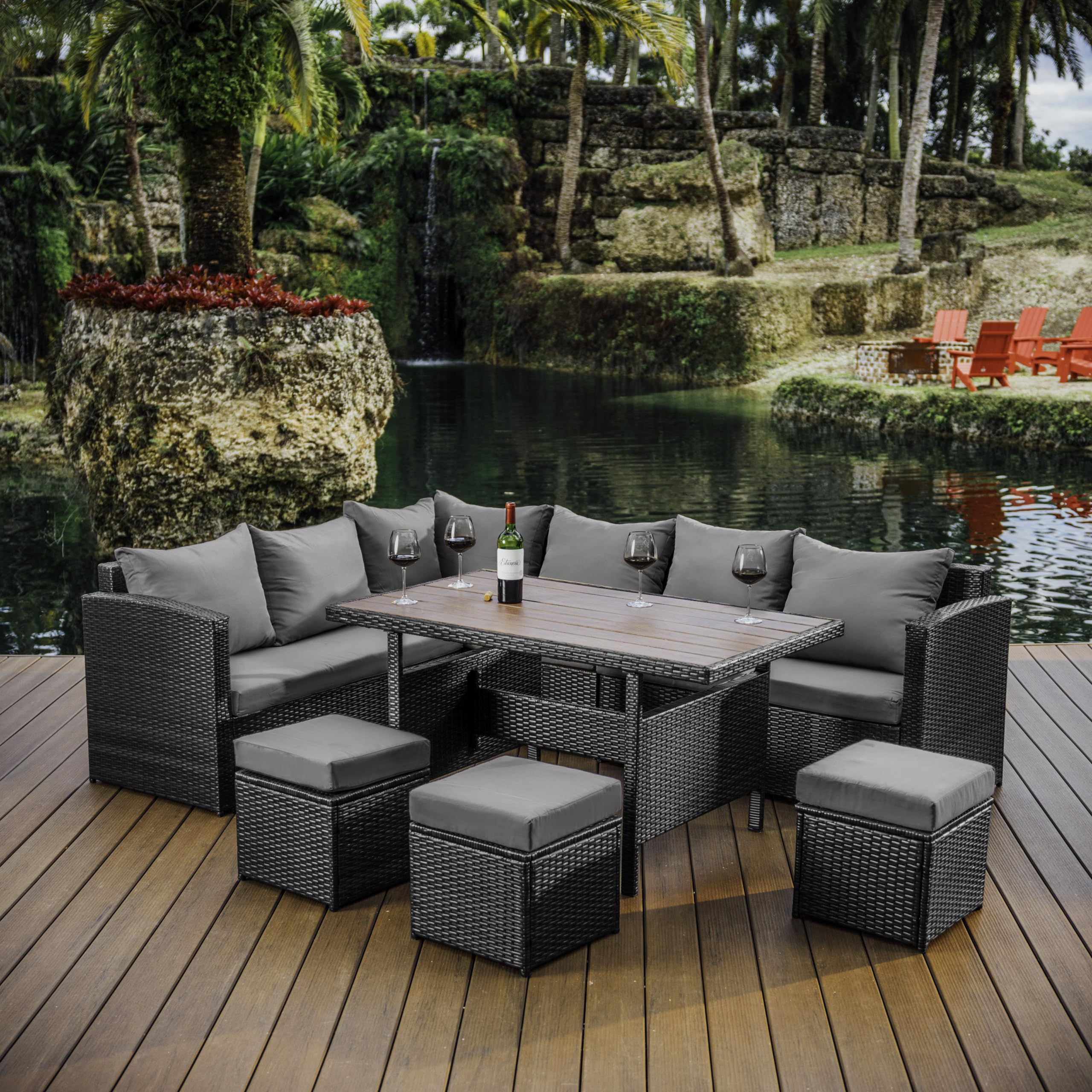 Nestl Outdoor Dining Set - 7 Piece Wicker Patio Set with Outdoor Dining Table, Outdoor Sectional Sofa and 3 Ottomans, Outdoor Patio Furniture, Patio Sectional, Patio Table and Chairs Set (Grey/Grey)