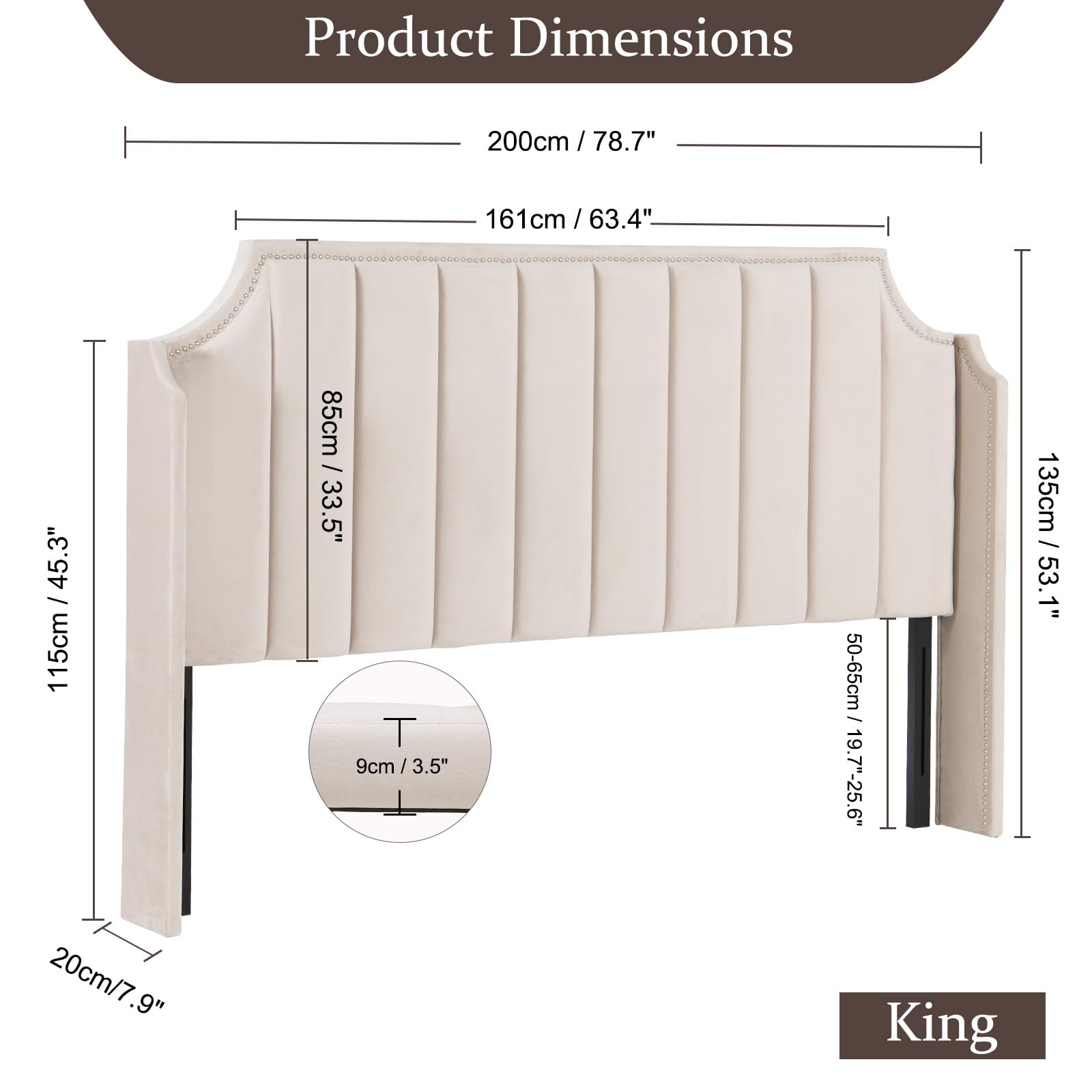 Lucky Monet Mid Century Headboard with Wingback for Queen Size Bed, Velvet Upholstered Tufted Bed Headboard with Nailhead Decor, Adjustable Height Curved Head Board Vertical Channel Design (Beige)