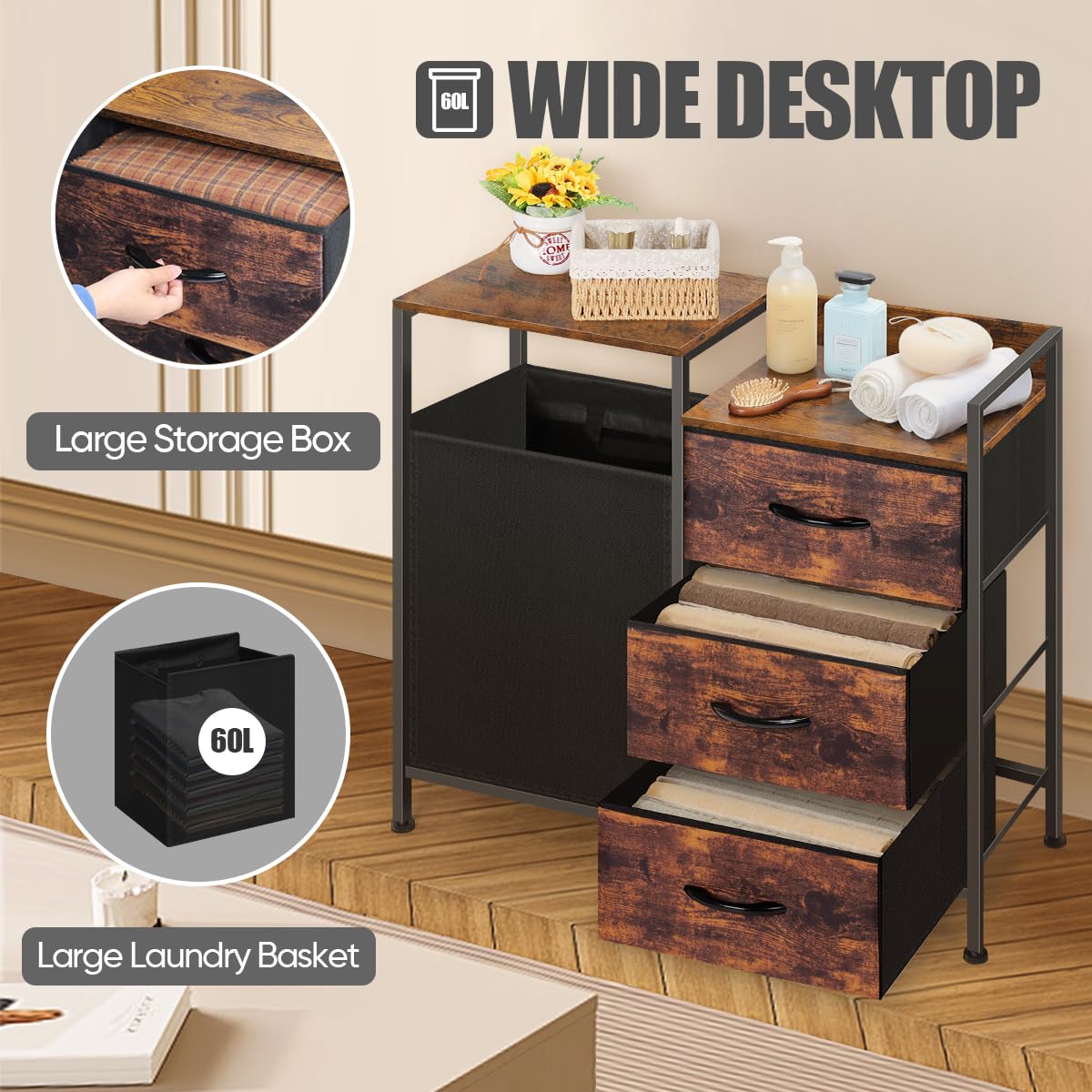 Laundry Hamper, Laundry Basket with Shelves, Laundry Sorter with 3 Tier Sliding Folding Storage Basket, Bathroom Laundry Room Organization and Storage, Dirty Laundry, Towel, Rustic Brown