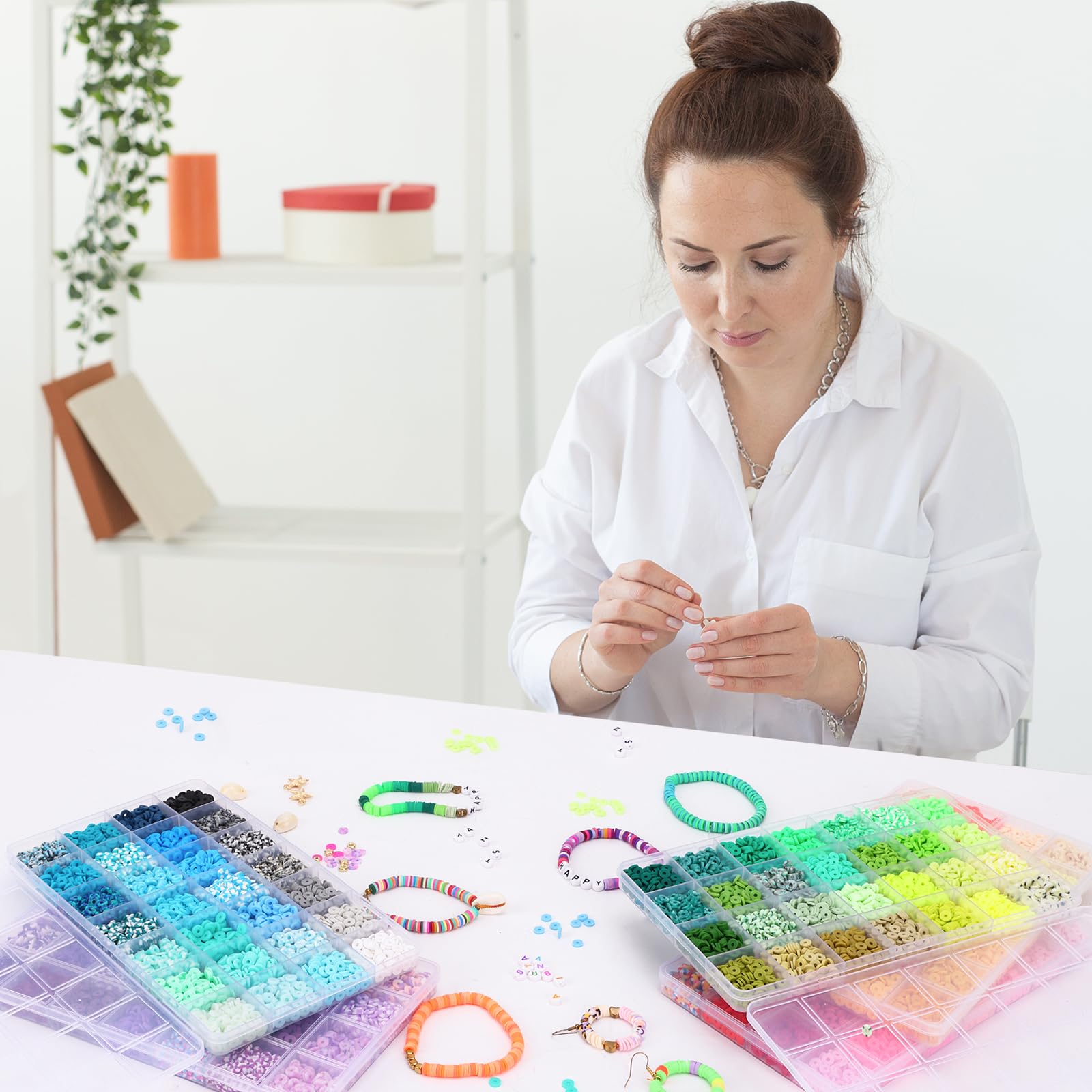 QUEFE 17500pcs 140 Colors Clay Beads for Jewelry Making, Flat Round Polymer Clay Beads Kit with Letter Beads for Gift Craft and Art