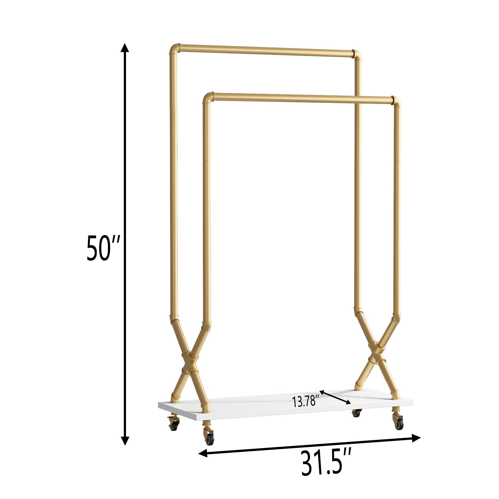 ORSENIGO Industrial Pipe Clothing Rack with Double Rods for Hanging Clothes, Heavy Duty Rolling Clothes Rack with Shelf for Home Boutique Retail Use (Gold)