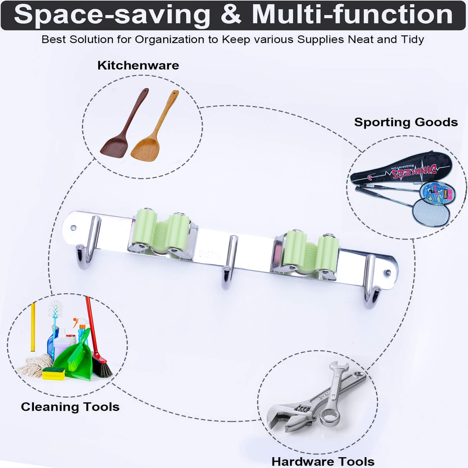 Gein Mop and Broom Holder Wall Mount, Stainless Steel Tools Storage Rack for Home, Kitchen, Garden, Garage [2 Racks with 3 Hooks]