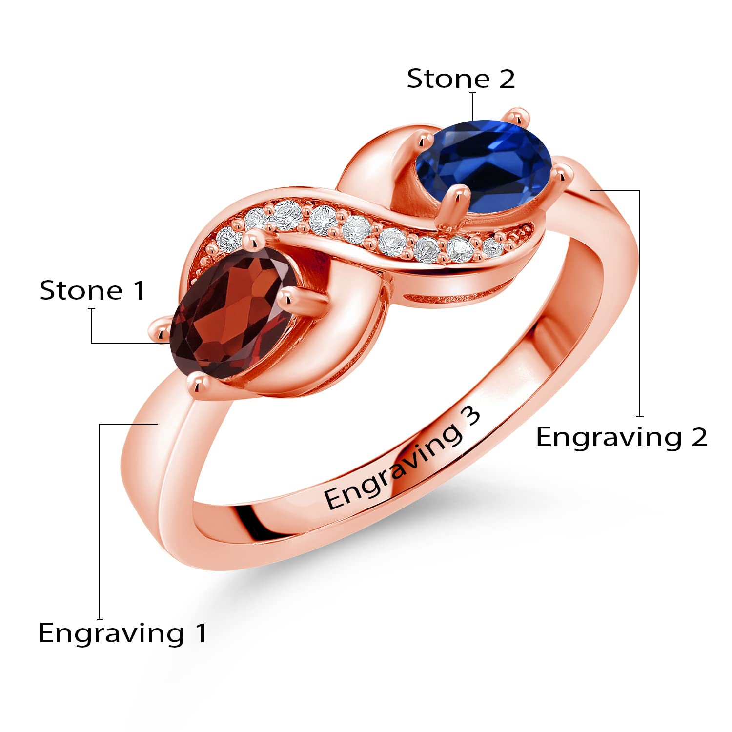 Gem Stone King 18K Rose Gold Plated Silver Personalized and Customized 2-Stone 6X4MM Oval Gemstone Birthstone and White Created Sapphire Anniversary Promise Ring For Women (Size 9)