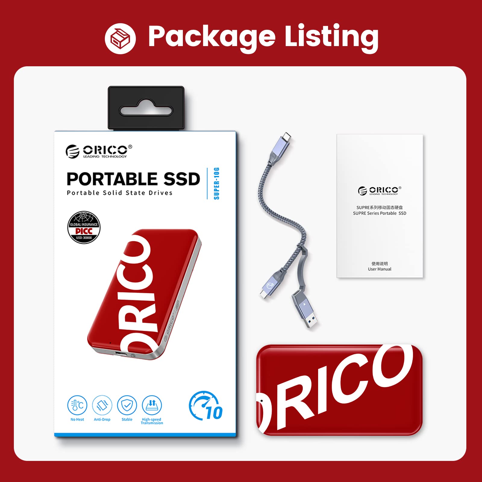 ORICO 256GB Portable SSD - Up to 550MB/s - USB-C, USB 3.1 Gen 1- External Solid State Drive - PSSD with UASP- SUPRE