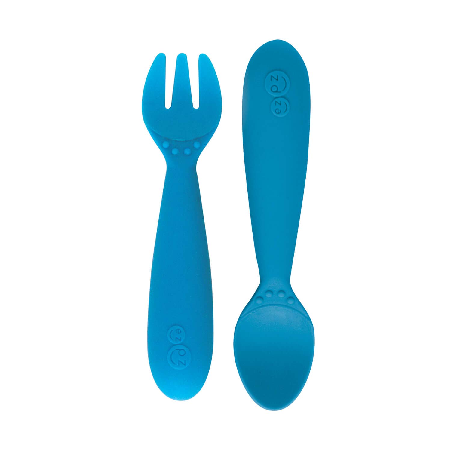 ezpz Mini Collection Set (Blue) - 100% Silicone Cup + Straw, Fork, Spoon & Mini Mat Suction Plate with Built-in Placemat for Infants + Toddlers - First Foods + Self-Feeding - 12 Months+