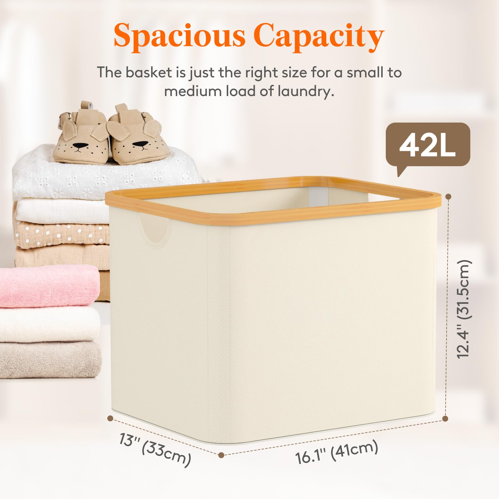 Lifewit 42L Collapsible Storage Bin with Bamboo Handles, Foldable Storage Basket for Organizer, Storage Cubes for Closet and Shelves, Dorm, Laundry Room, Bedroom, White, 3 Pack
