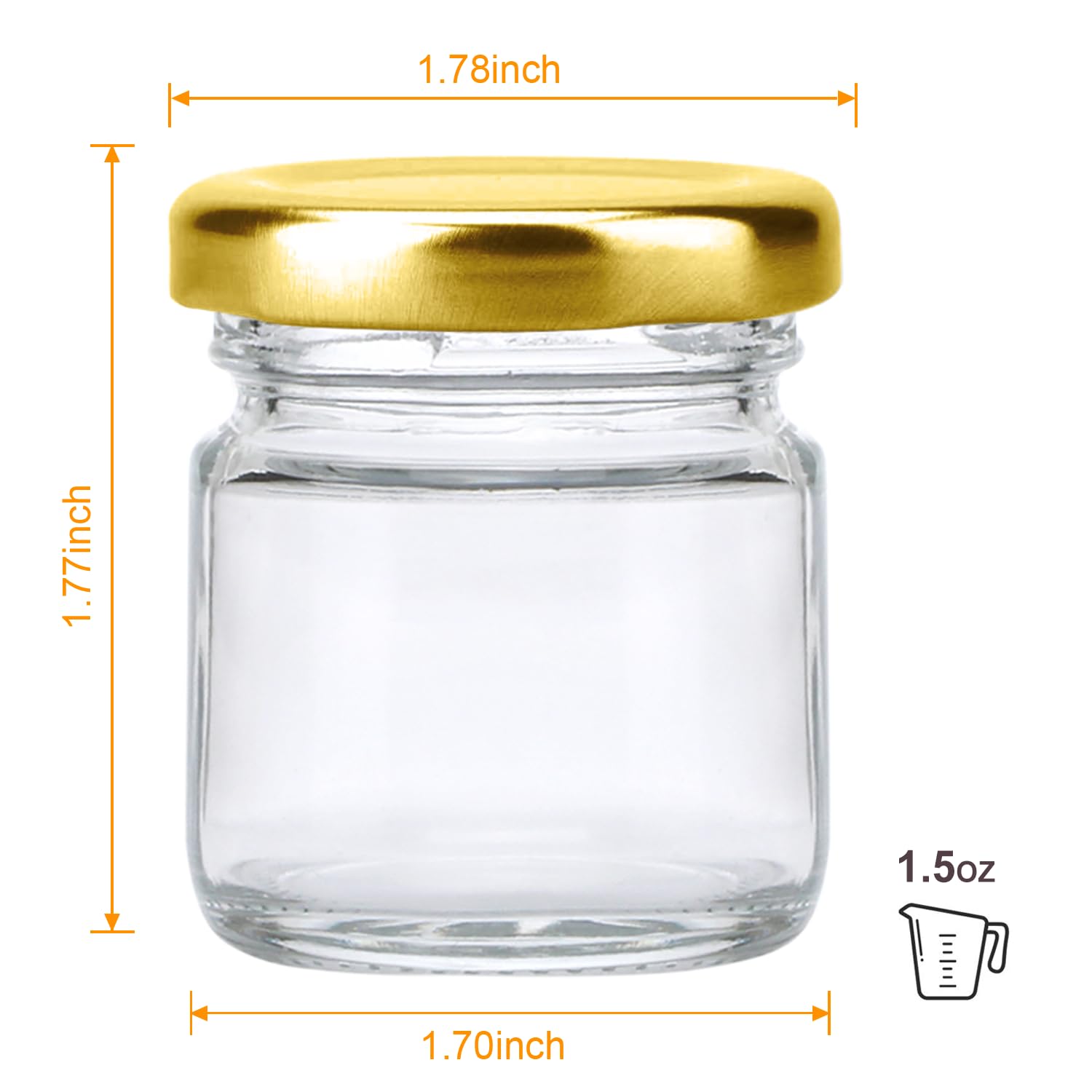 Encheng 1.5oz Mini Glass Jars Bulk Set of 70,Round Small 45ml Honey Jars with Golden Lids,Clear Mini Storage Canning Jar for Candle Making,Spice,Jelly,Jam,Wedding,Party Favor