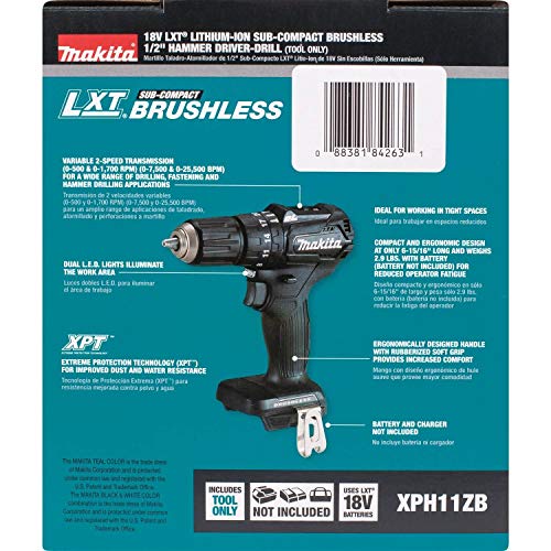 Makita XPH11ZB-R 18V LXT Lithium-Ion Brushless Sub-Compact 1/2 in. Cordless Hammer Drill Driver (Tool Only) (Renewed)