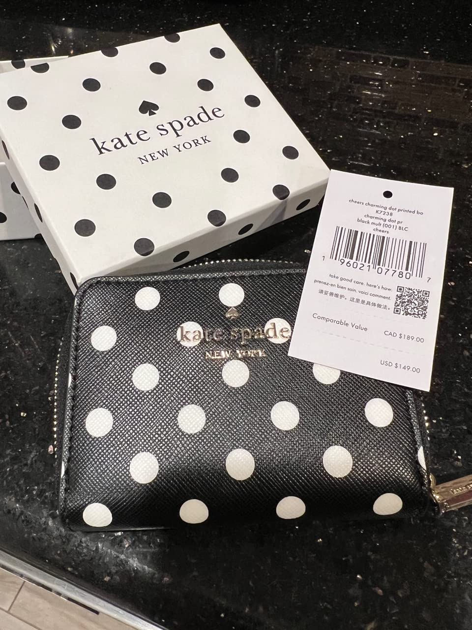 Kate Spade NY Cheers Charming Dot Boxed Zip Card Case Wallet - Black / White
