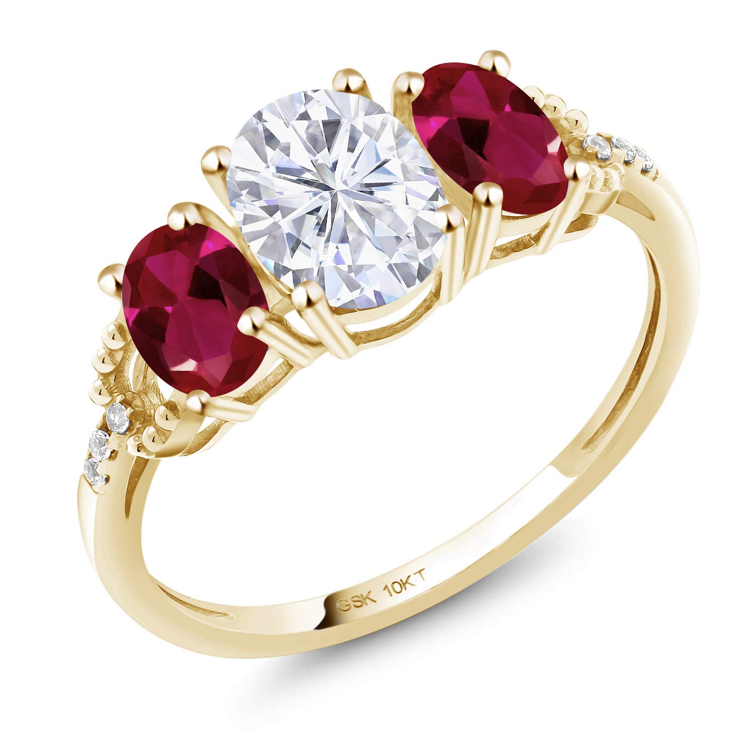 Gem Stone King 10K Yellow Gold Red Created Ruby White Moissanite and Diamond Accent 3 Stone Engagement Ring For Women (1.92 Cttw, Available In Size 5, 6, 7, 8, 9)