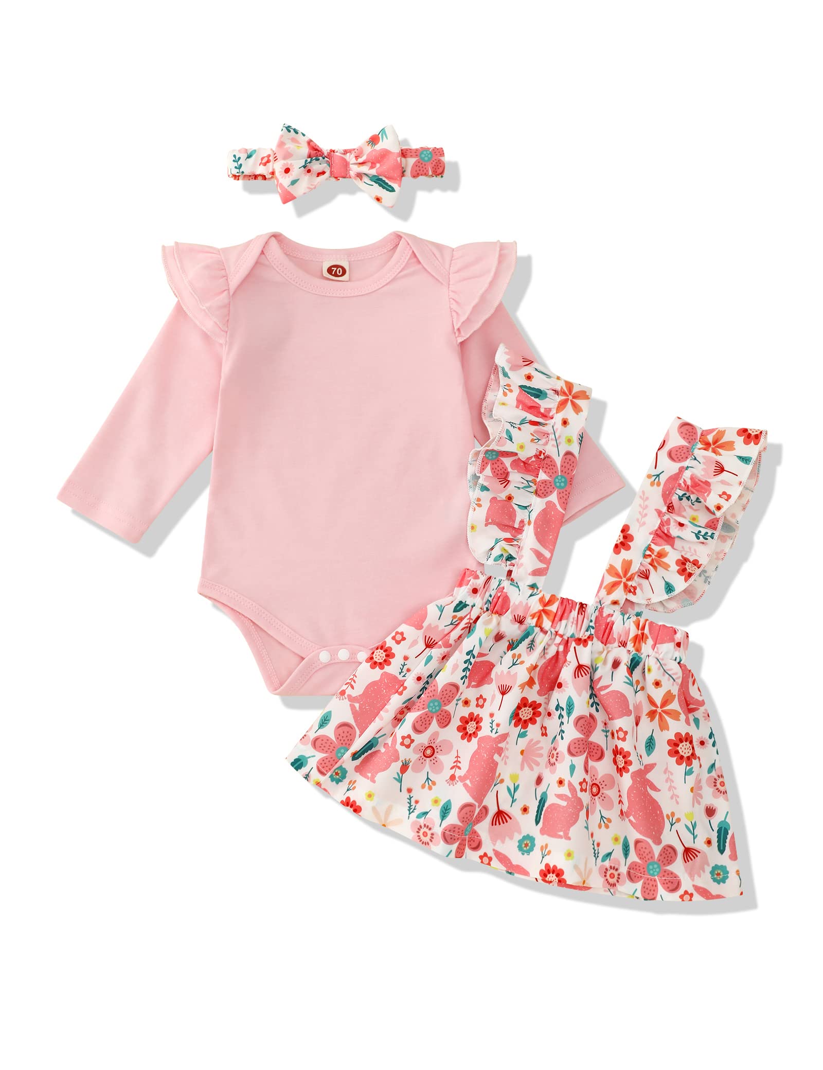 TUEMOS Baby Girl First Easter Outfits Long Sleeve Romper Bunny Suspender Skirt Easter Newborn Clothes Set Flower Pink 3-6 Months