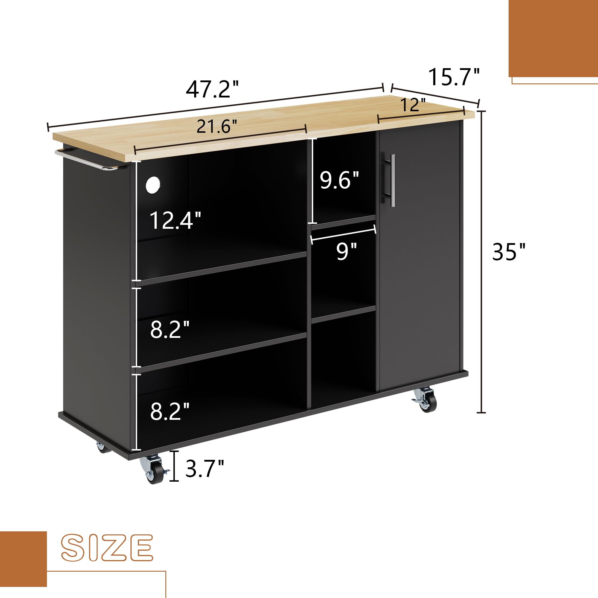QAQA 48" Kitchen Island Cart Furniture cart on Wheels with Storage,Rolling Portable Dining Room Serving Utility Carts Mobile Movable with Drawers Cabinet,Black
