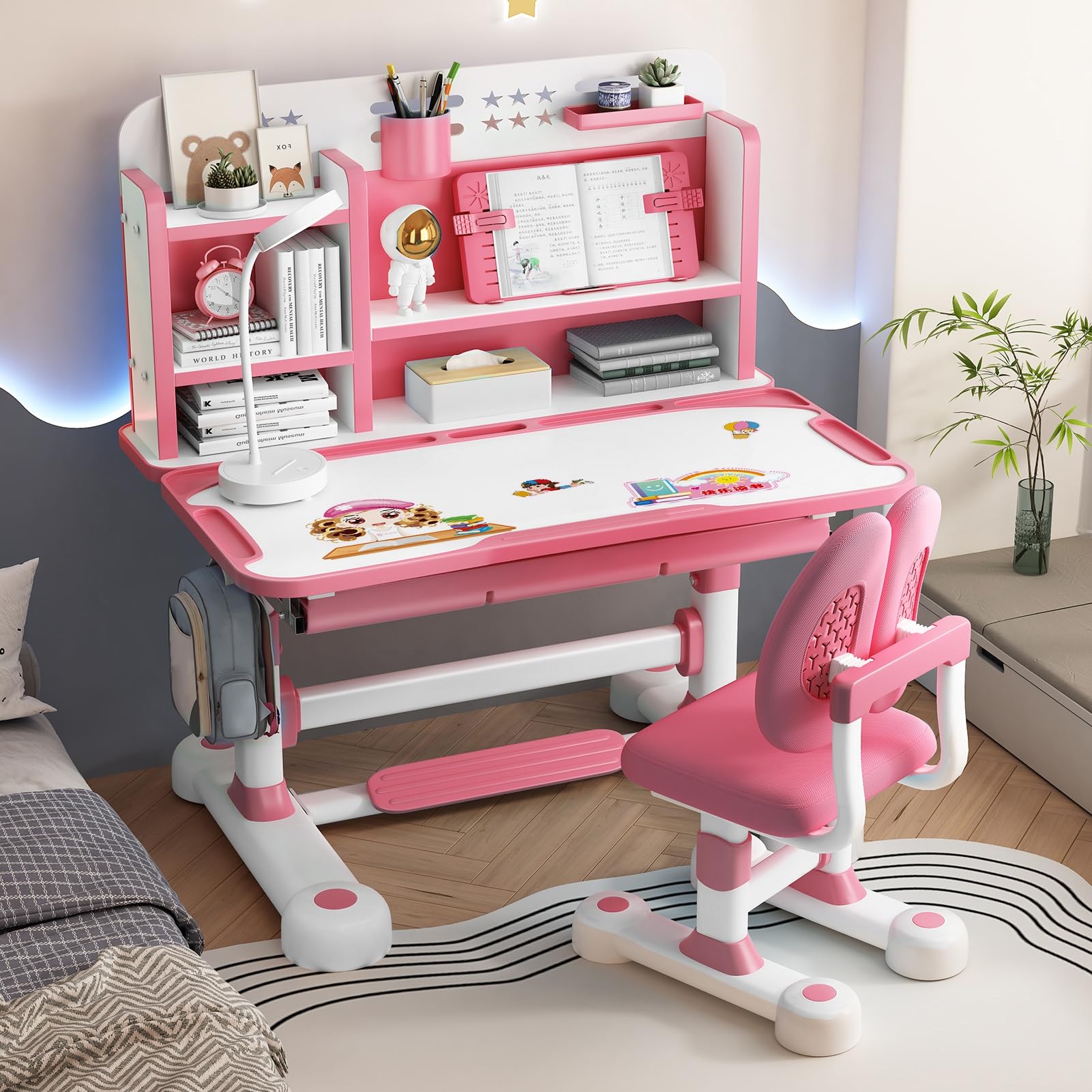 PERZOE Kids Study Desk Chair, Multi Functional Children School Study Table Chair Set with Tilt Desktop Book Stand Storage Drawer,Ergonomic Kids Desk and Chair Set Height Adjustable for Boys Girls Pink