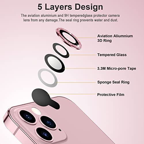 LOVE 3000 Compatible with iPhone 13 Pro/iPhone 13 Pro Max Camera Lens Protector Bling Glitter Diamond HD Tempered Glass Cute Camera Cover Protective Metal Individual Ring for Women Girls - Pink Glitter