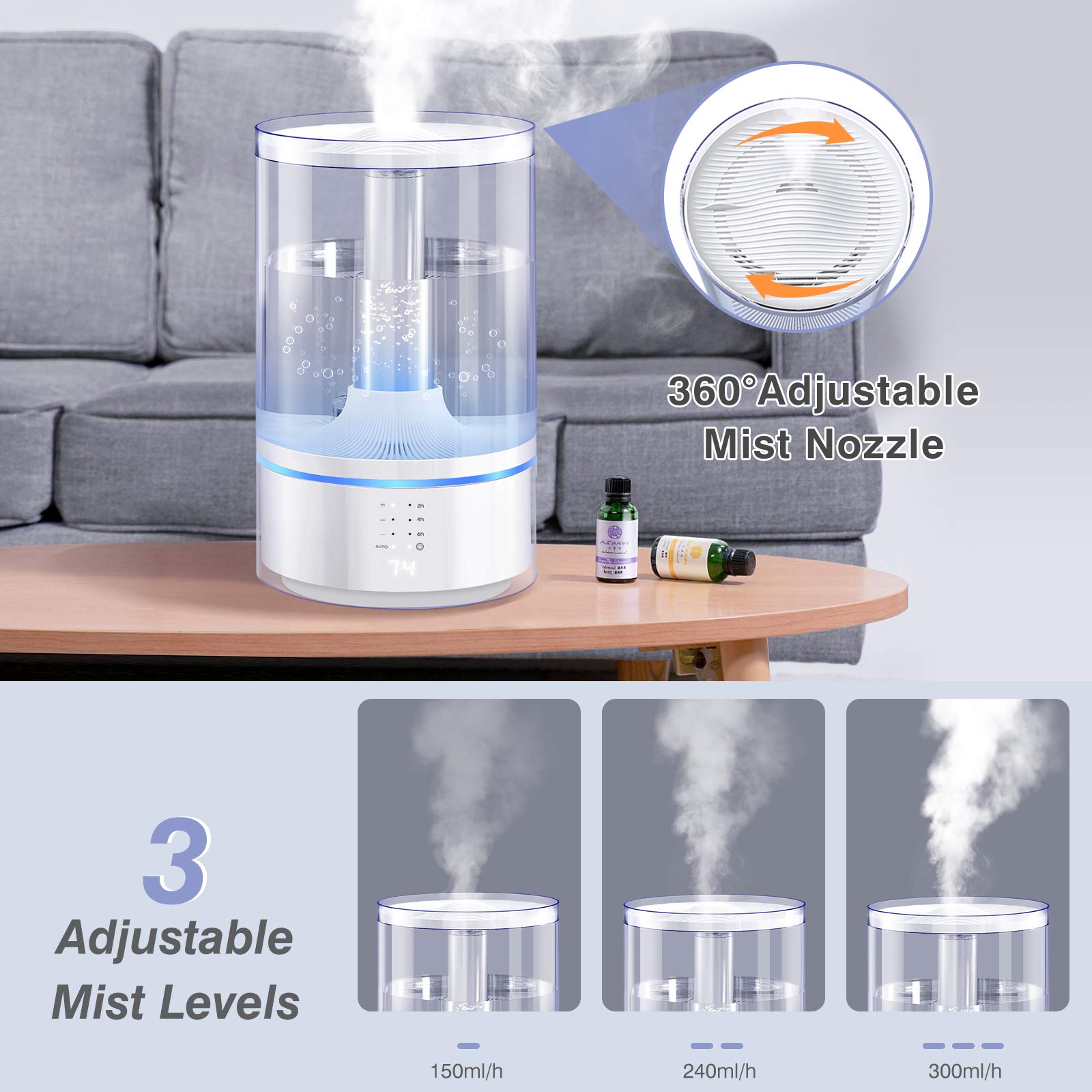 Gocheer Cool Mist Humidifier, 6L Ultrasonic Humidifiers for Bedroom Large Room, Essential Oil Diffuser Air Humidifier with Remote Control LED Display Auto Shut Off Auto Mode, Lasts Up to 65H (6L)
