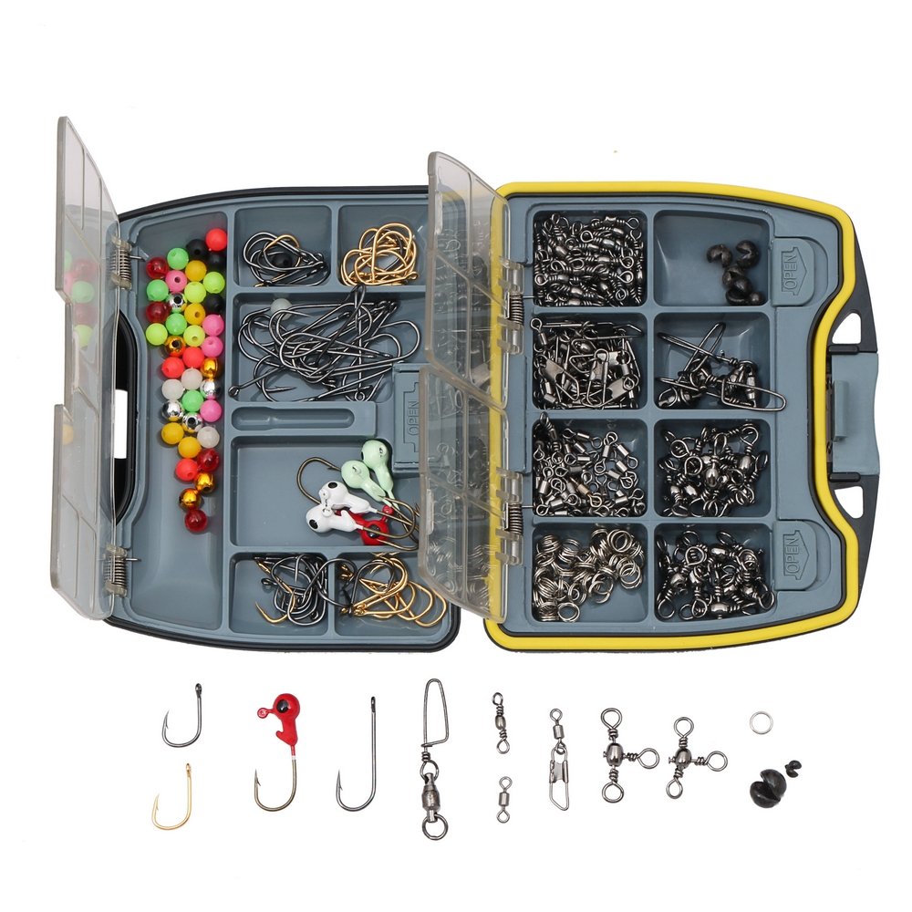 Fishing Terminal Tackle Box - Fishing Baitholder Hooks, Drop Shot Weights,Fishing Bobbers,Fishing Stoppers, Sinker Slides, Double Barrel Crimps,Three Way swivels,Fishing Beads
