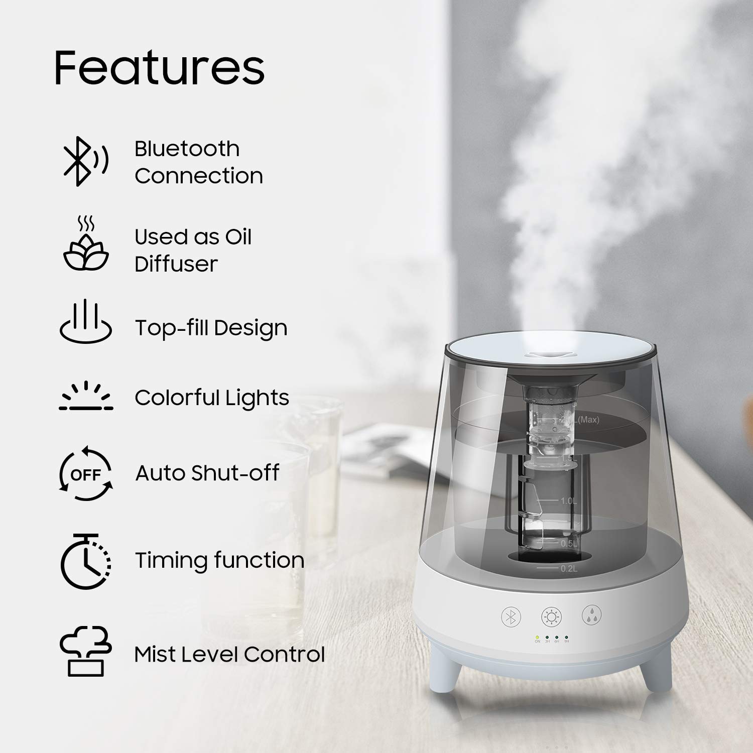 Gocheer Humidifiers for Bedroom,2L Ultrasonic Cool Mist Humidifier for Baby Large Room Quiet Air Humidifier with Auto Shut-Off, Bluetooth Connection