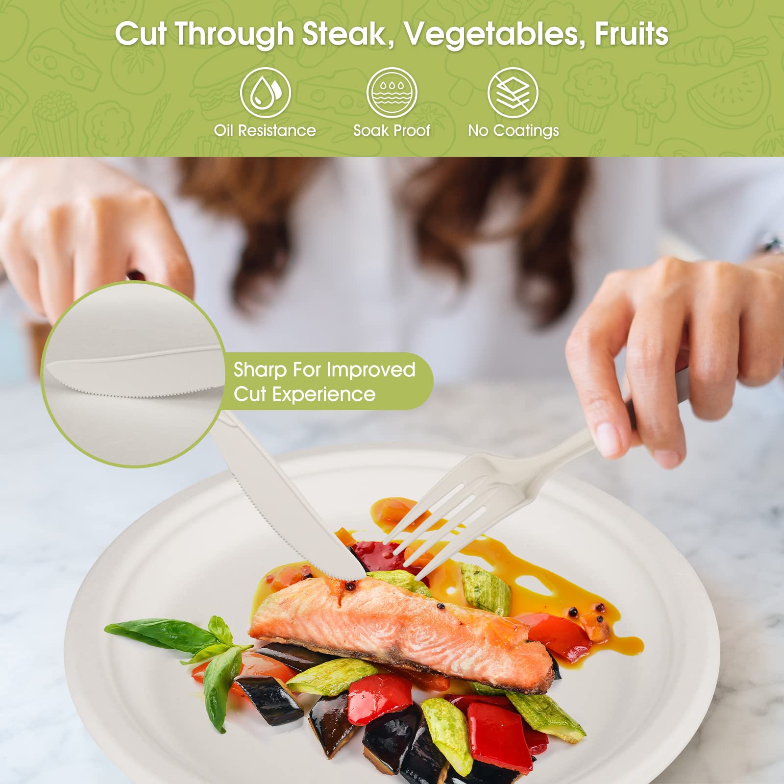 Fuyit 250Pcs Compostable Paper Plates with Cutlery Set, Disposable Biodegradable LONG Utensil Eco-Friendly Dinnerware Includes Plates, Fork, Knife & Spoon for Party, Camping, Picnic (White)