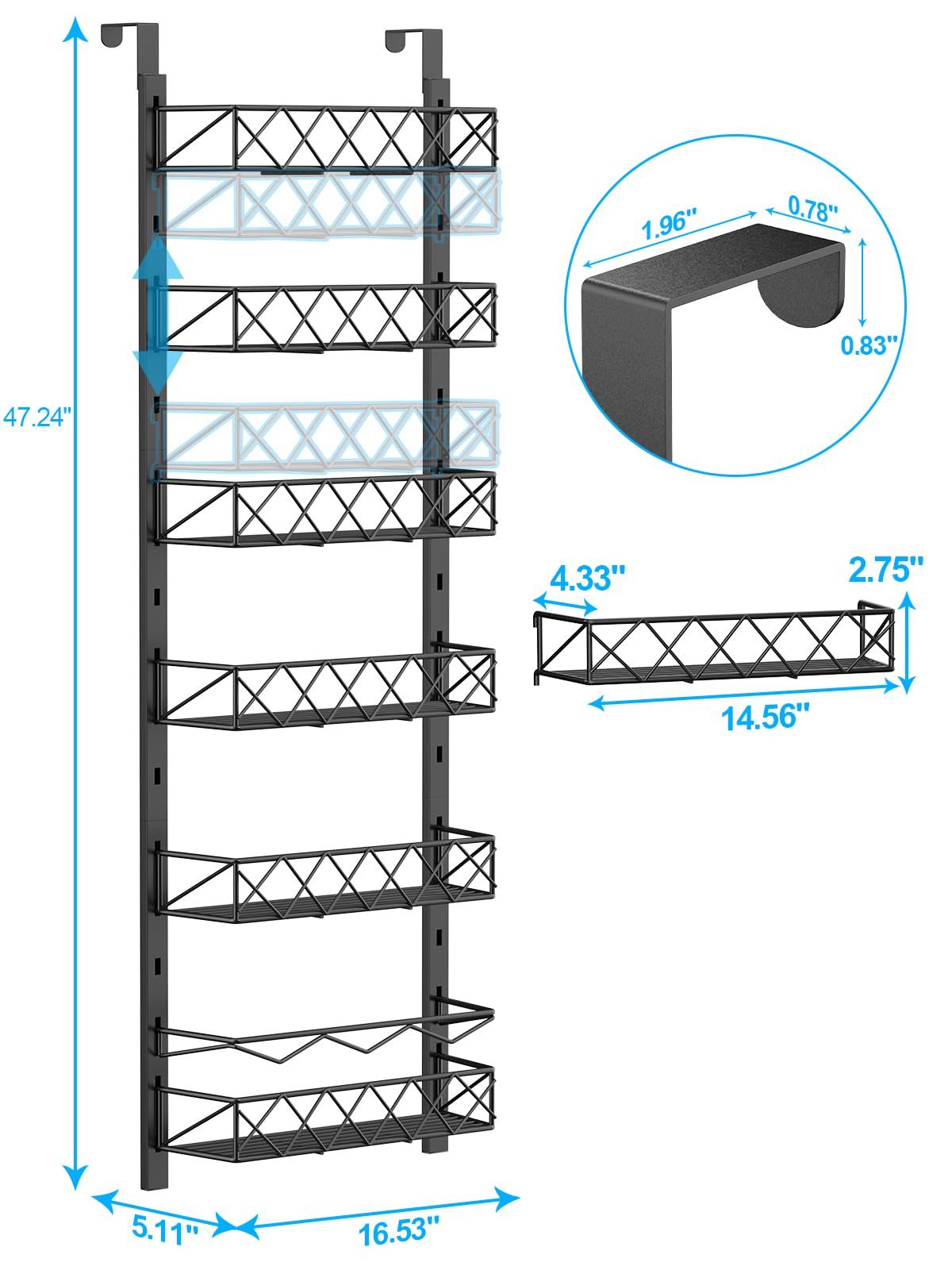 Fulpower Over the Door Pantry Organizer, 6+1 Pantry Door Organizer with Adjustable Basket, Metal Spice Rack Storage for Kitchen Pantry Black (Black 6 Tier)