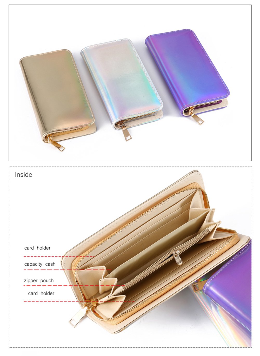 YAIRYANGTZE Hologram Slim PU Leather Wallet with Zipper Long Clutch Wallet Purse for Women (Silver)