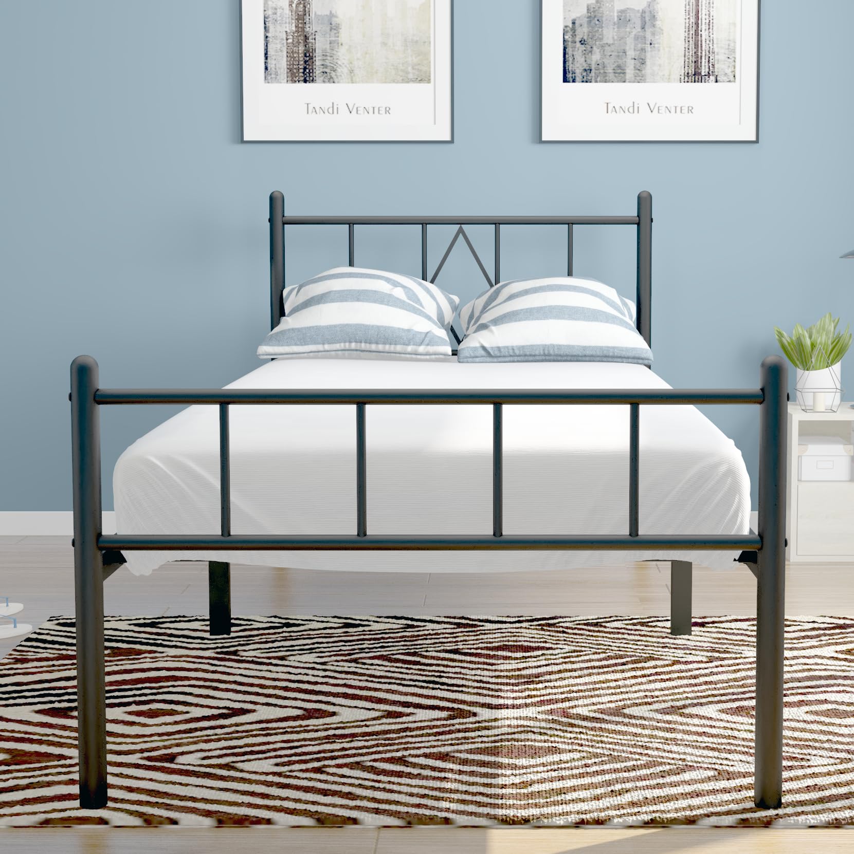 Emiosmt 14 Inch Bed Frame Twin Size with Headboard and Footboard, Heavy Duty Metal Platform Twin Bed Frame, Under bed Storage Space, Steel Slat Support, No Box Spring Needed, Easy Assembly, Black