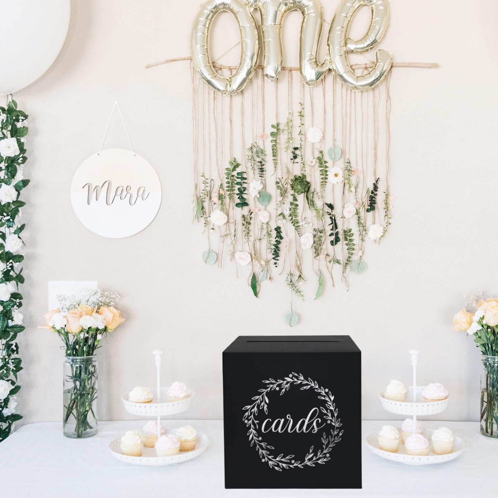 QIKSION Black Gift Card Box with Silver Foil Design, Cards Receiving Box for Birthdays Party, Bridal & Baby Showers, Wedding Receptions, Graduations, Retirements, Anniversaries