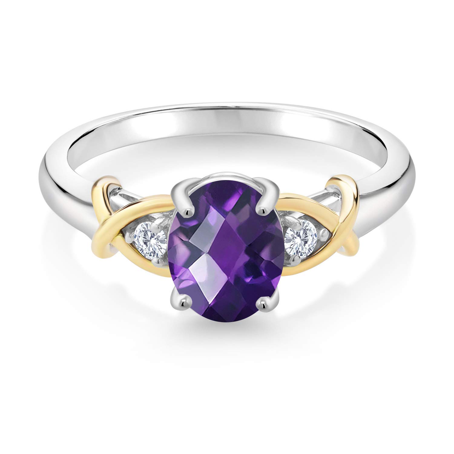 Gem Stone King 2 Tone 10K Yellow Gold and 925 Sterling Silver Oval Checkerboard Purple Amethyst and Lab Grown Diamond Engagement Ring For Women (1.28 Cttw, Available in Size 5,6,7,8,9)
