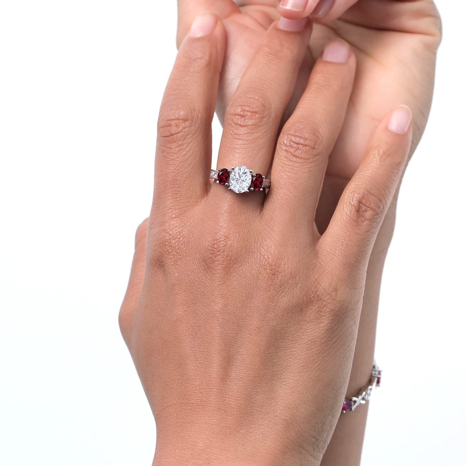 Gem Stone King 925 Sterling Silver Red Rhodolite Garnet and White Moissanite 3 Stone Ring For Women (3.10 Cttw, Gemstone Birthstone, Available In Size 5, 6, 7, 8, 9)