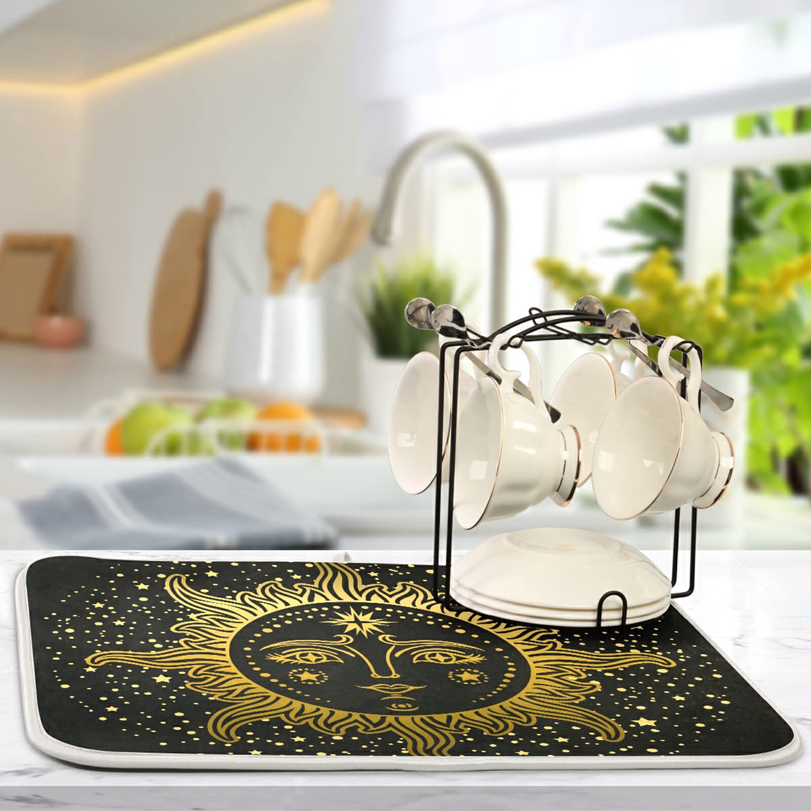 Hand Drawn Gold Golden Face of the Sun Stars on Black Dark Kitchen Dish Drying Mat, Absorbent Microfiber Pad Drainer, Heat-resistant Countertops Sinks Protector with Hanging Loop 18"x24"