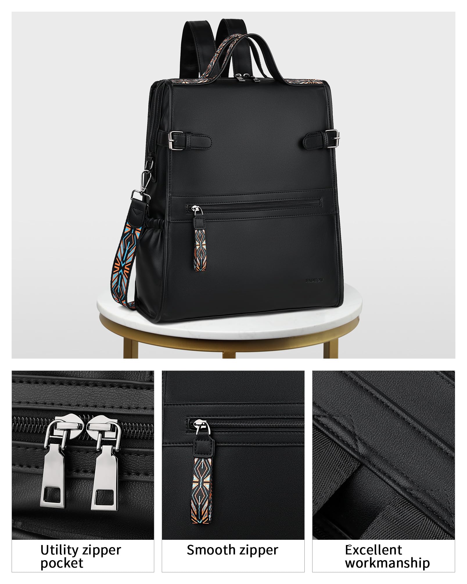 FADEON Leather Laptop Backpack for Women, Designer Ladies Work Travel Computer Backpack with Laptop Compartment Purse Black