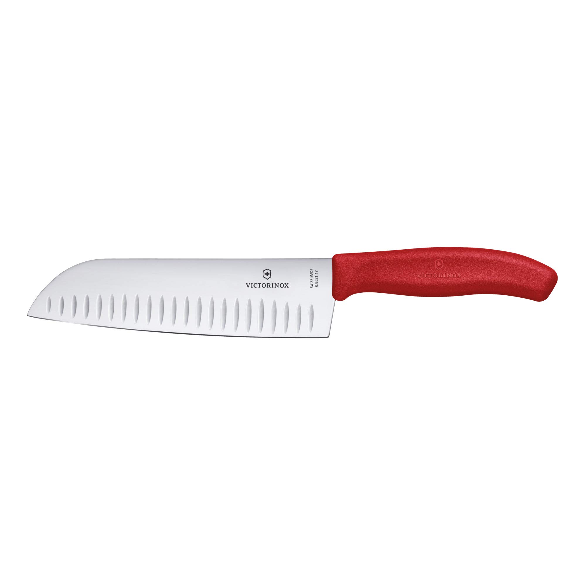 Victorinox 6.8521.17G Swiss Classic Santoku Knife for General-Purpose Slicing, Dicing, Mincing, and Everything In Between Fluted Edge Blade in Red, 6.7 inches