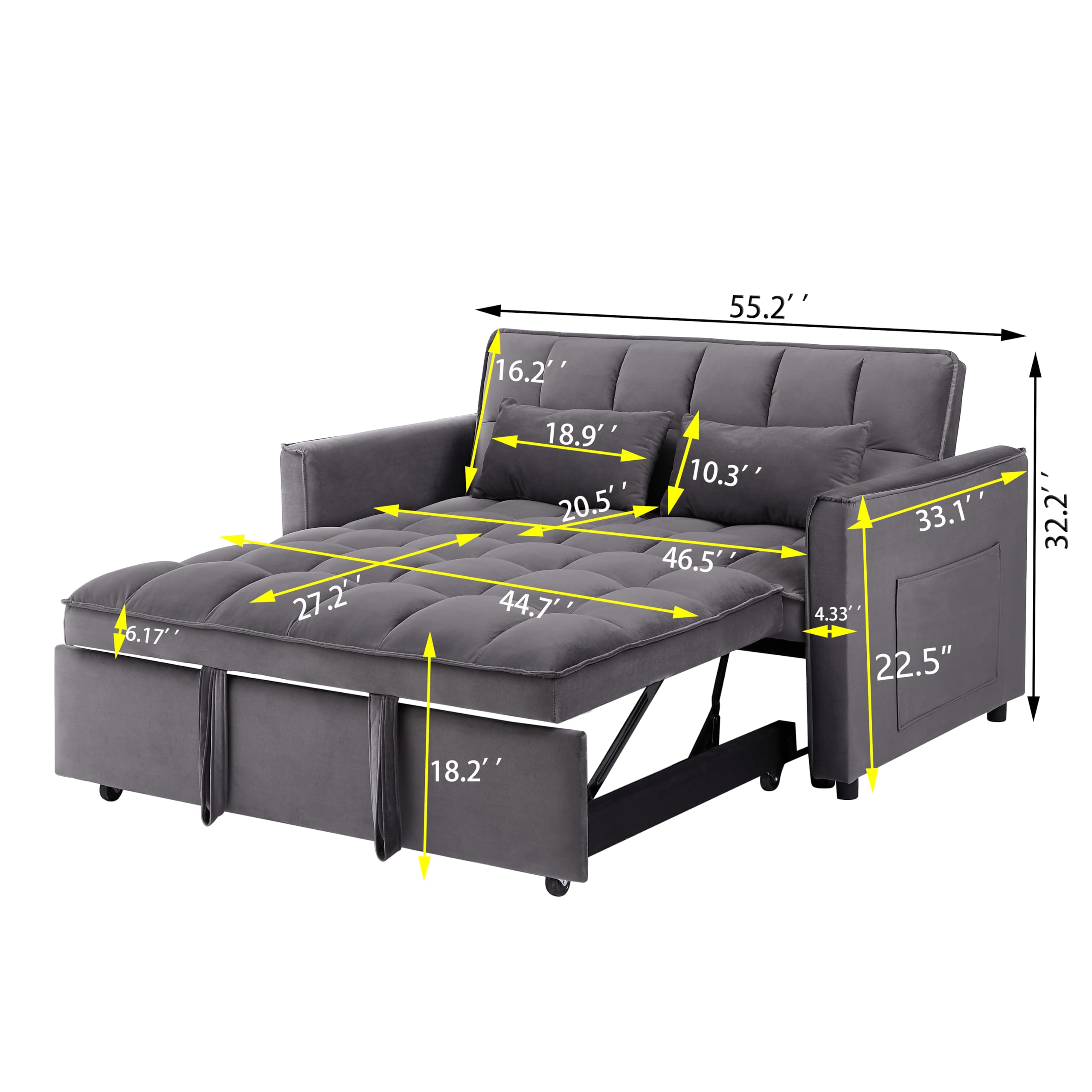 LUMISOL 3 in 1 Sleeper Sofa Couch Bed with Pillows, 55.1β Velvet Convertible Double Sofa Bed with Adjustable Back and Storage Packets, Pull Out 2-Seater Sleeper for Living Room, Dark Grey