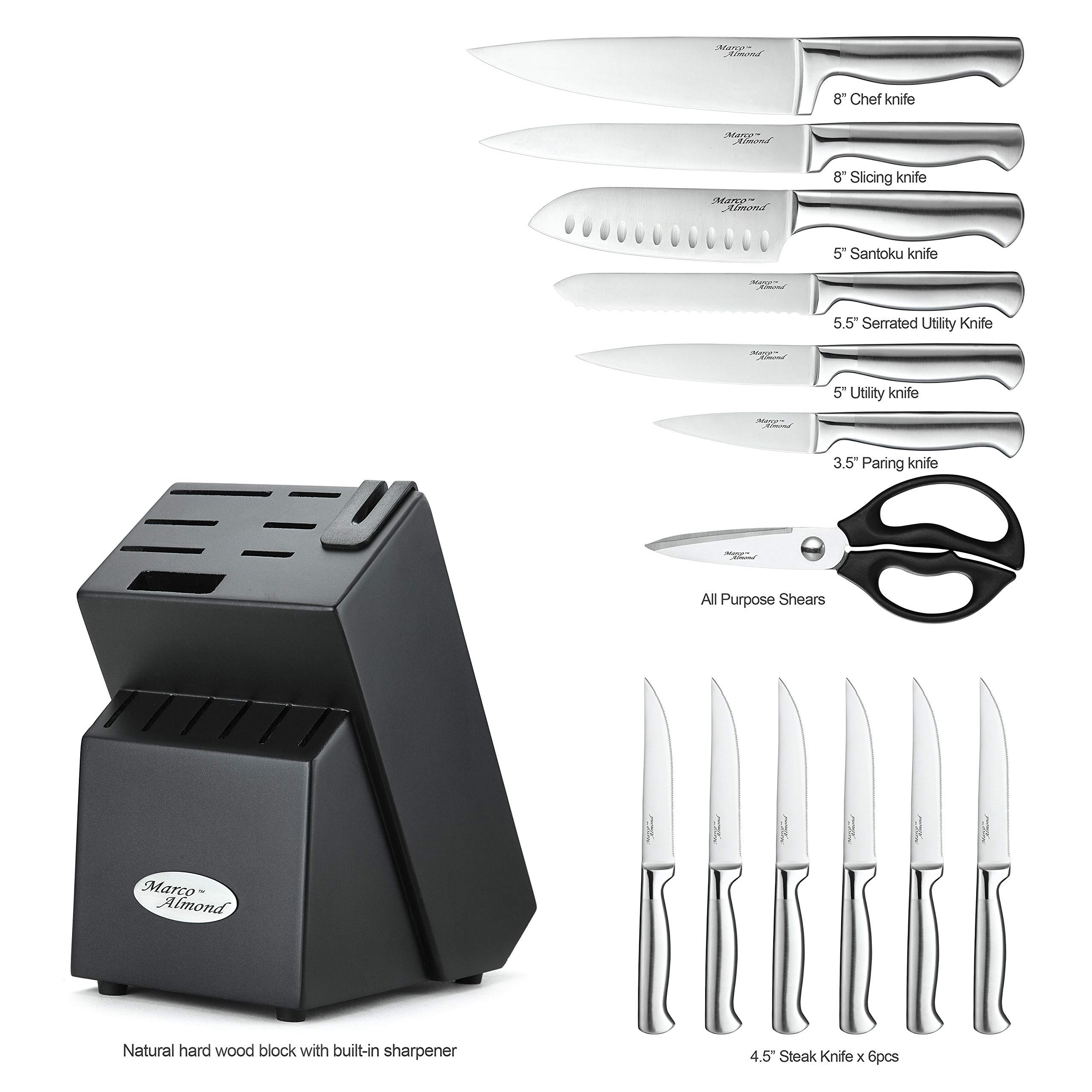 Marco Almond KYA28 Japanese High Carbon Stainless Steel Self Sharpening Knife Block Set + Marco Almond MA61 Cheese Graters Set of 4