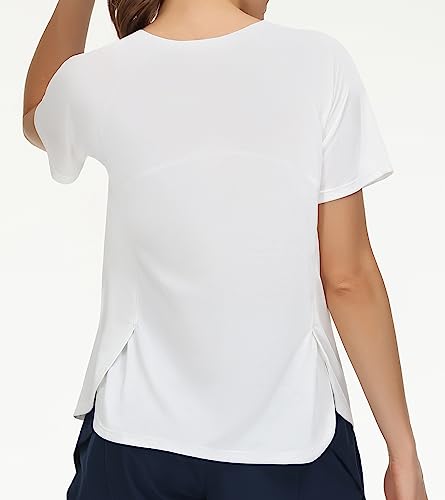 THE GYM PEOPLE Women's Short Sleeve Workout Shirts Breathable Yoga T-Shirts with Side Slits Athletic Tee Tops White